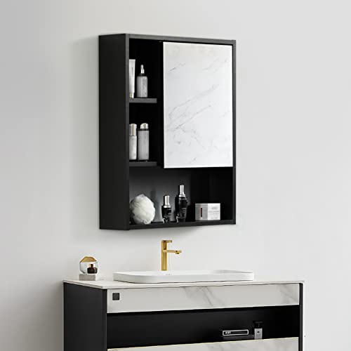 Basicwise Wall Mount Mirrored Cabinet with Open Shelf | 2 Adjustable Shelves Medicine Organizer Storage Furniture for Bathrooms, Kitchens, and Laundry Room, Black