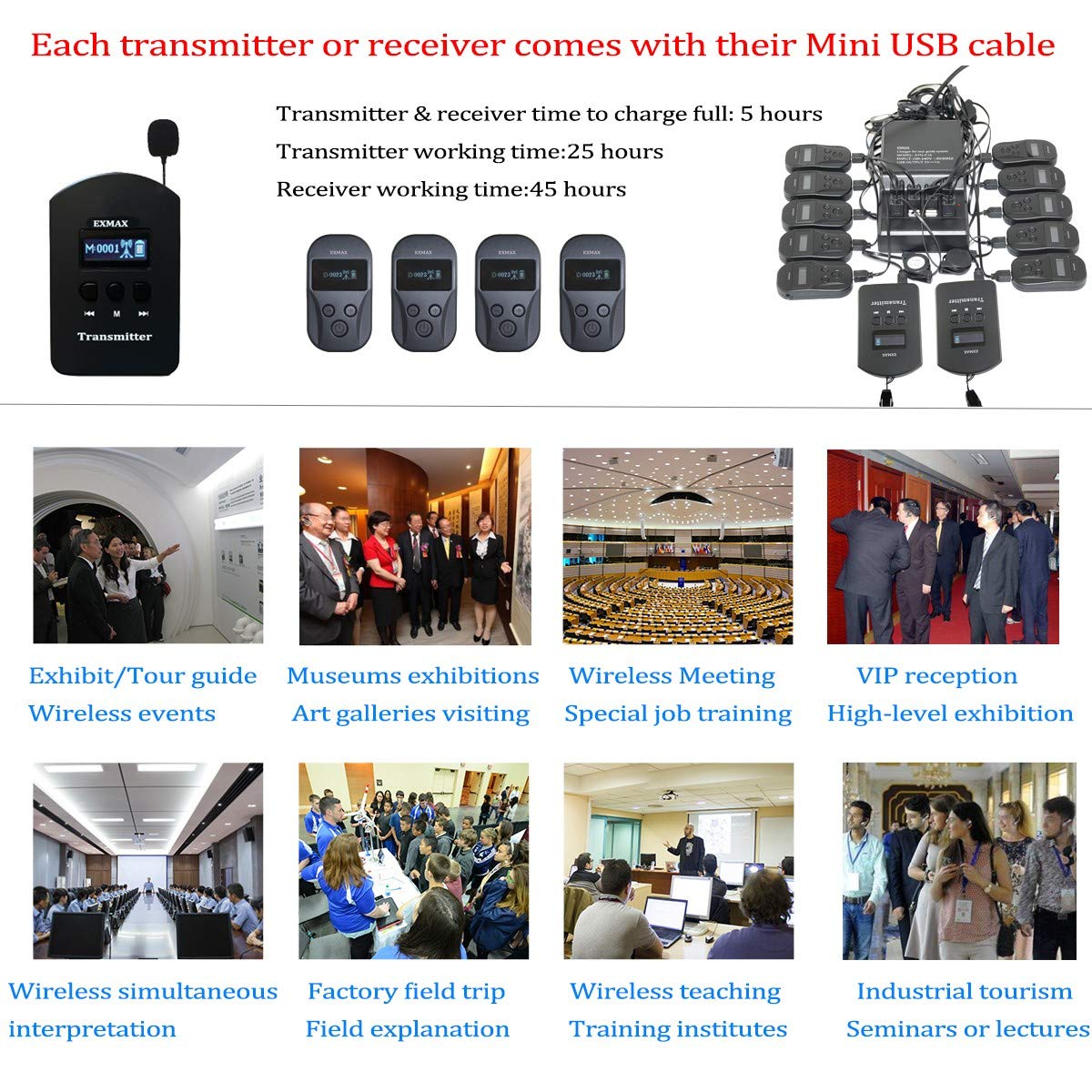 EXMAX EXD-101 2.4G Wireless Voice Transmission System Church Translation Equipment Translator Device for Tourism Museums - 2 Transmitters 15 Receivers & 16-Port Charge Station & Black Storage Case