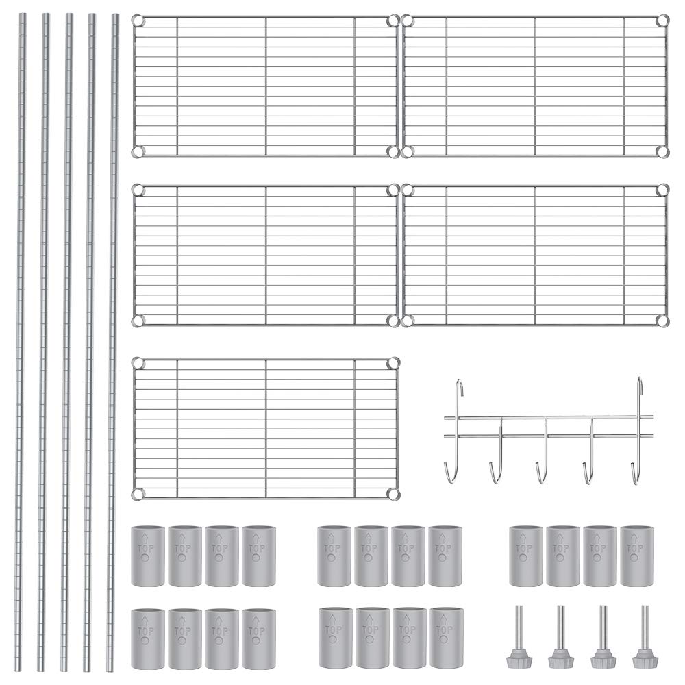 Cozzine 5 Tier Storage Shelves, Adjustable Storage Shelves 21"x 11"x 59" Heavy Duty Steel Tube Wire Shelving Unit (Silver)