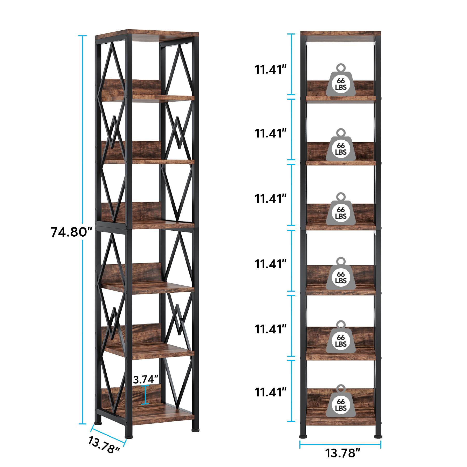 Tribesigns 6-Tier Bookshelf Storage Shelves: 75 Inches Tall Narrow Bookcase with Heavy Duty Metal Frame, Skinny Open Storage Display Rack for Living Room, Bedroom, Kitchen, Bathroom, Brown