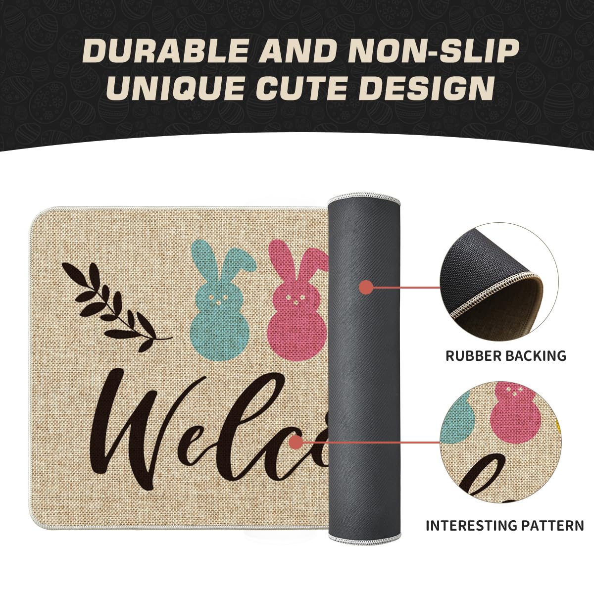 Artoid Mode Welcome Easter Rabbits Decorative Doormat, Seasonal Spring Easter Holiday Low-Profile Floor Mat Switch Mat for Indoor Outdoor 17 x 29 Inch