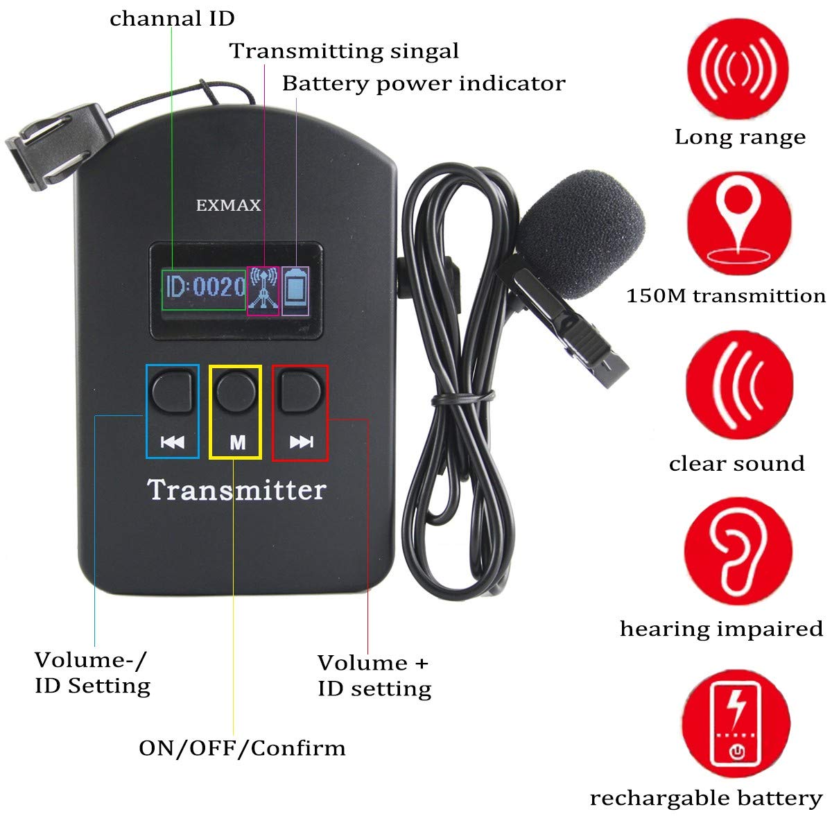 EXMAX EXD-101 2.4GHz Wireless Tour Guide Voice Transmission System for Exhibition Summit Interpretation Bus Tour City Sightseeing Live Explanation - 2 Transmitters 30 Receivers & 32-slot Charging Case