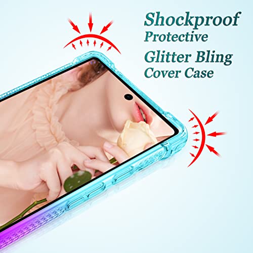 Dzxouui Pixel 6A Case, Glitter Quicksand, Glass Screen Protector, Reinforced TPU Cover - Teal/Purple