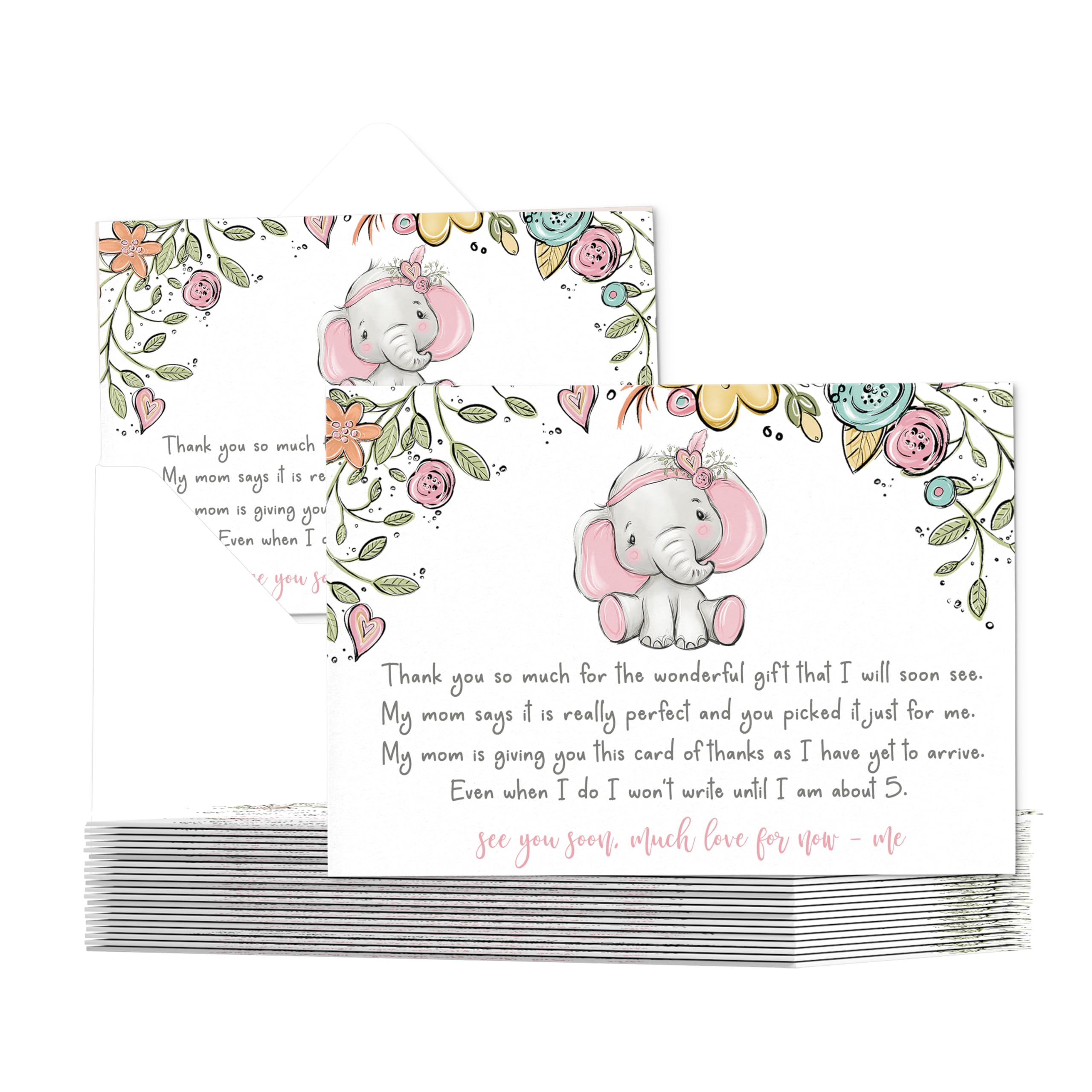 Paper Clever Party Cottage Elephant Baby Shower Thank You Cards with Envelopes - 25 Pack - Pink Floral 4x6 Blank Notes with Prefilled Message from Baby Girl - Personalizable Space for Customization