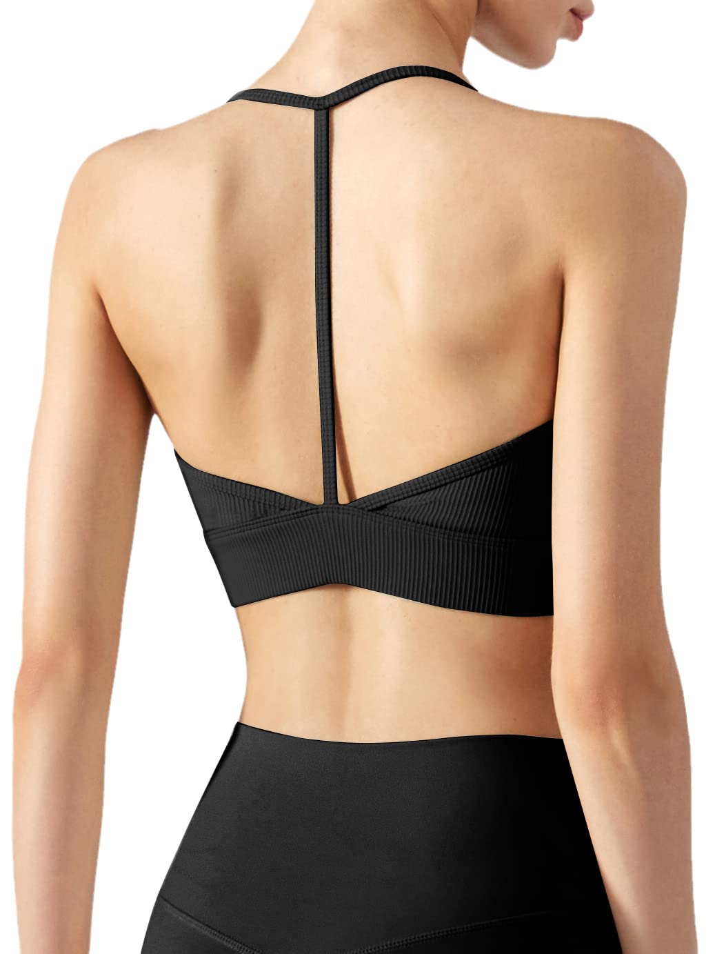 Abonlen Sports Bras for Women Ribbed Padded T Racerback Bras Yoga Workout Crop Tank Top (as1, Alpha, m, Regular, Regular, Black, Medium)