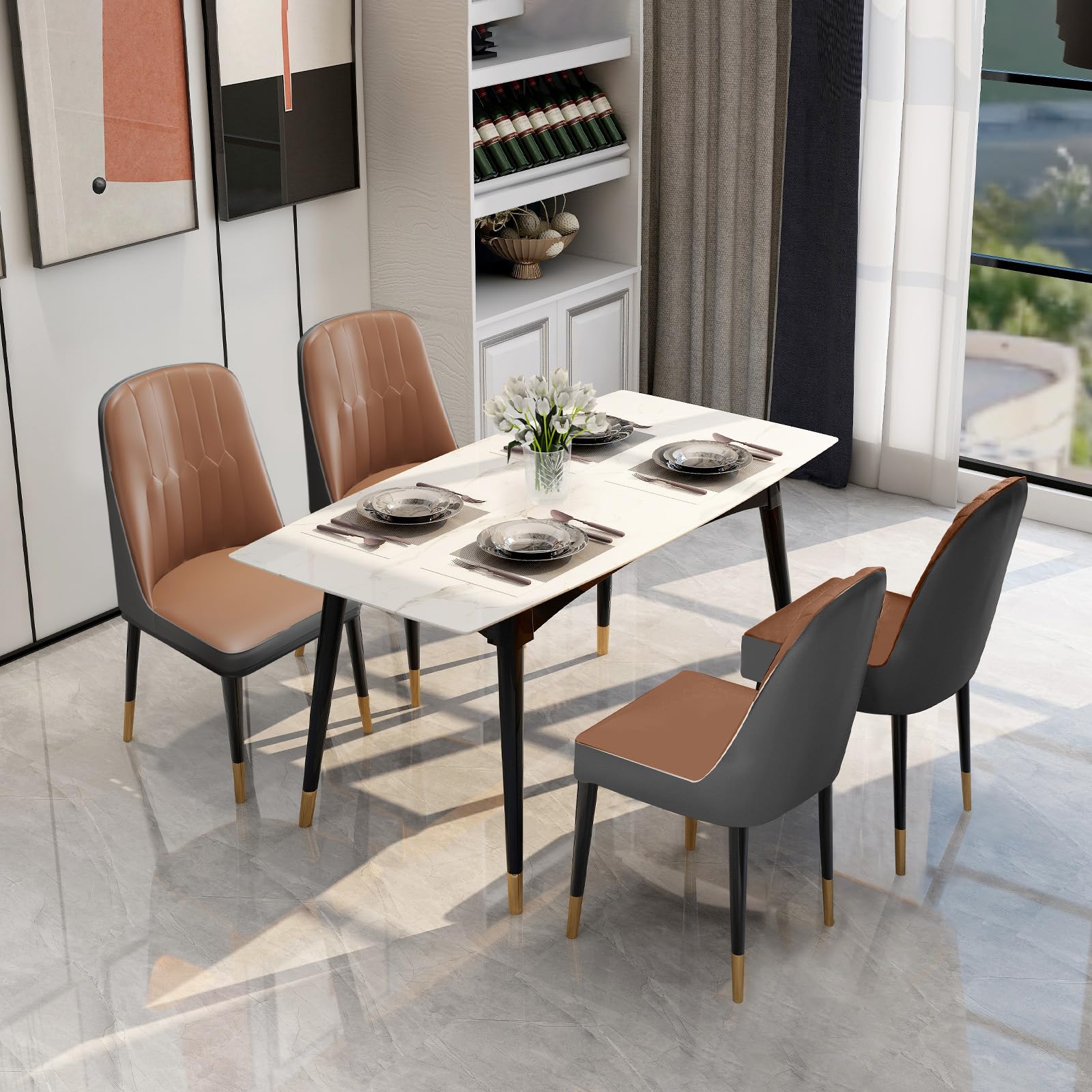 Aimerive Dining Chairs Set of 4, Upholstered Dining Room Chairs with Iron Gold Legs, Modern Armless Kitchen Chair Waterproof PU, Side Chairs with Soft Cushion for Living Room, Restaurant, Brown Grey