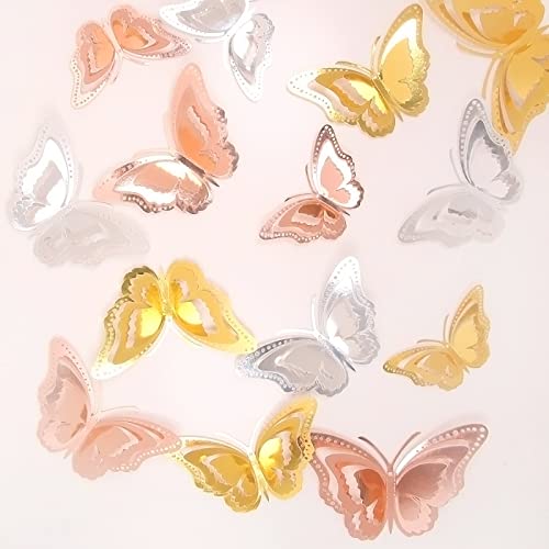 HUSGA Butterfly Wall Decor, 3 Sizes Butterfly Cake Decorations, Three-dimensional hollow design Hanging butterfly for Garden Themed Tea Party Graduation Wedding Baby Shower. (Gold)