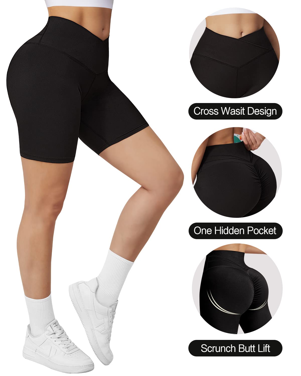 A AGROSTE Women Cross Scrunch Butt Lifting Shorts with Pockets Trinity High Waisted Workout Booty Biker Shorts