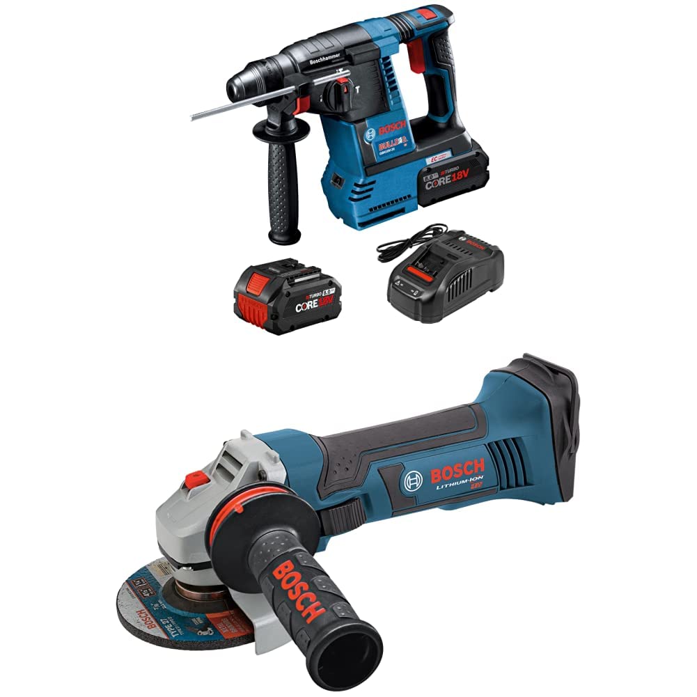 Bosch GBH18V-26K24A 18V Brushless SDS-plus Bulldog 1 In. Rotary Hammer Kit with Bosch GWS18V-45 18V 4-1/2 In. Angle Grinder (Bare Tool)