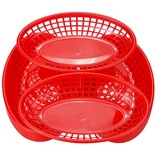GothaBach 24 Pack Fast Food Baskets, Plastic Fast Food Restaurant Baskets, Bread Fry Baskets Serving Tray for Hot Dogs, Chicken, Burgers, Sandwiches, Fries (Red)