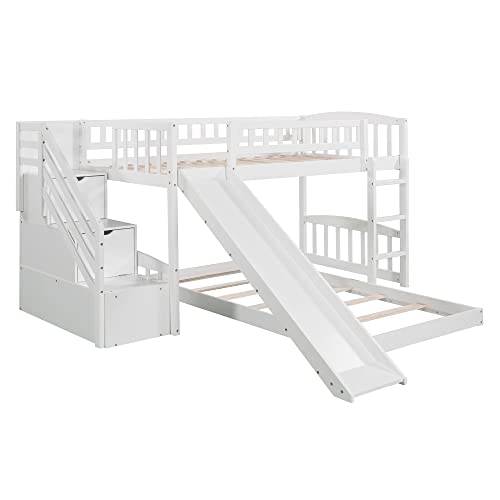 DEYOBED Twin Over Twin Wooden Bunk Bed with Slide and Storage Drawers for Kids Teens