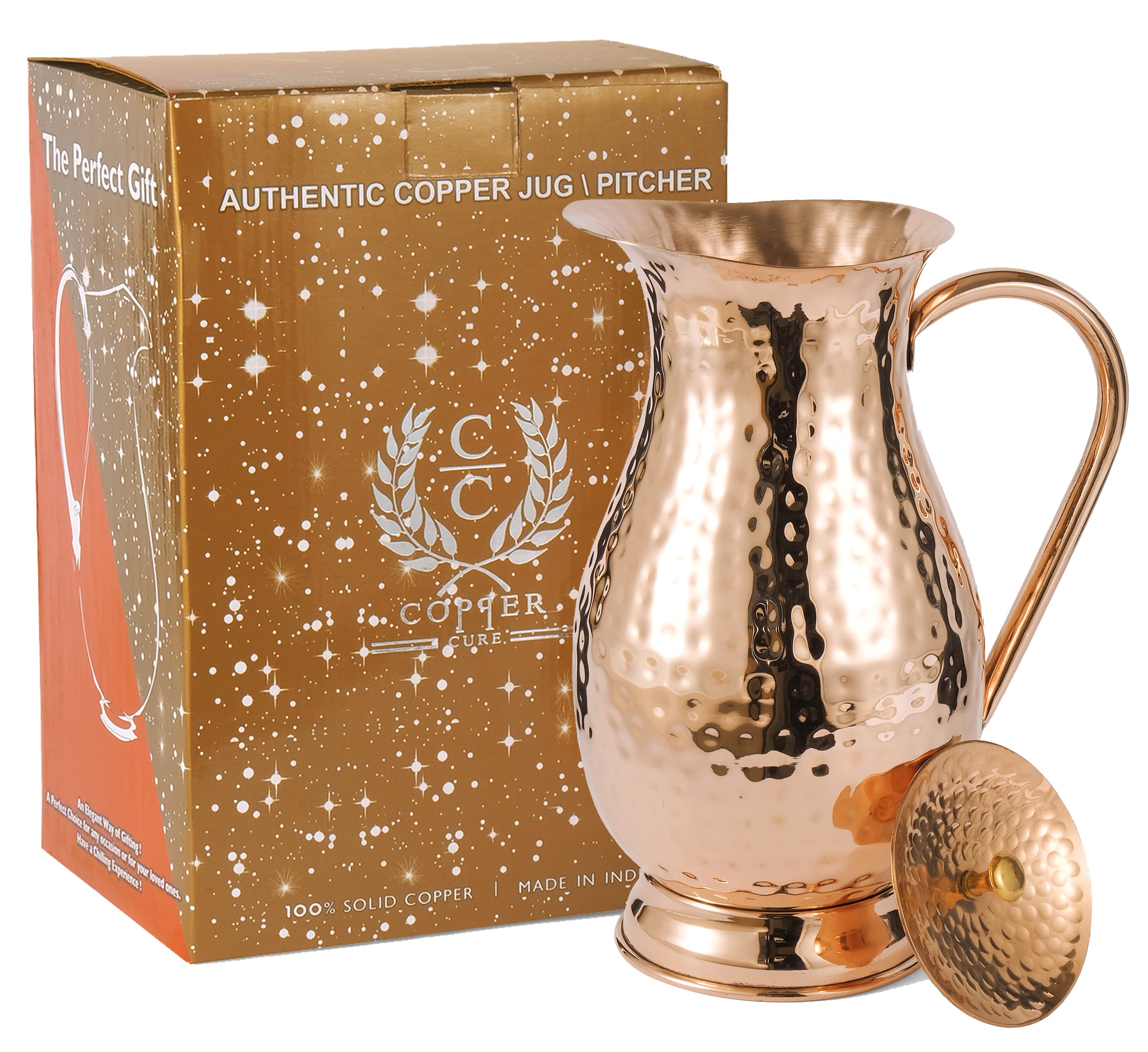 Copper Pitcher with a Lid | Large Size Solid Copper Handcrafted Copper Hammered Jug | Capacity 70 Oz/2000ml | Pure Copper Water Carafe For Home, Hotels & Gifting