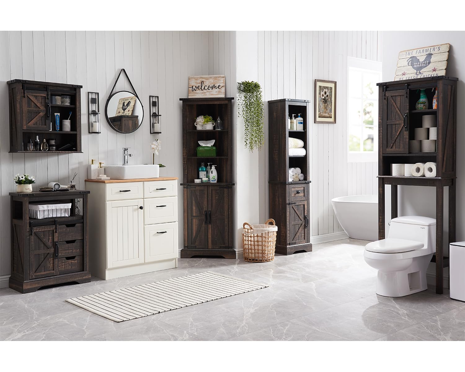 OKD Tall Corner Cabinet, Farmhouse Storage Cabinet with Barn Door Design & Adjustable Shelves, Home Space Saver for Bathroom, Living Room, Dark Rustic Oak