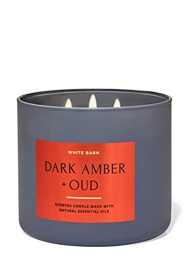 Bath & Body Works, White Barn 3-Wick Candle w/Essential Oils - 14.5 oz - 2022 Spring Scents! (Dark Amber & Oud)
