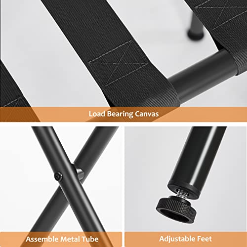 ELYKEN 2 Pack Luggage Rack with Laundry Bag, Guest Room Folding Space Saving Suitcase Holder, Max 110LBS Baggage Shelf with Heavy Duty Nylon Belts, Dirty Clothes Storage for Bedroom Hotel