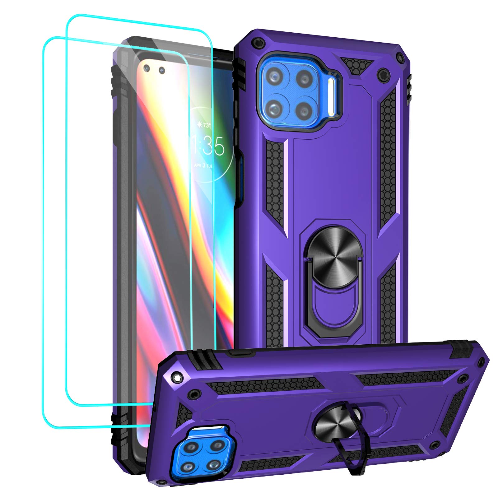 Androgate Compatible with Moto One 5G Case, Motorola One 5G UW Case, with Tempered Glass Screen Protectors, Military-Grade Metal Ring Kickstand 19ft Drop Tested Shockproof Cover Case, Purple