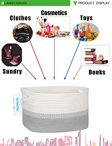 LANGYASHAN Rectangular Woven Rope Basket Decorative Blanket Basket for Living Room Storage or Nursery Laundry Basket Basket with Invisible Handles Laundry Hamper(Gray Invisible Handle)