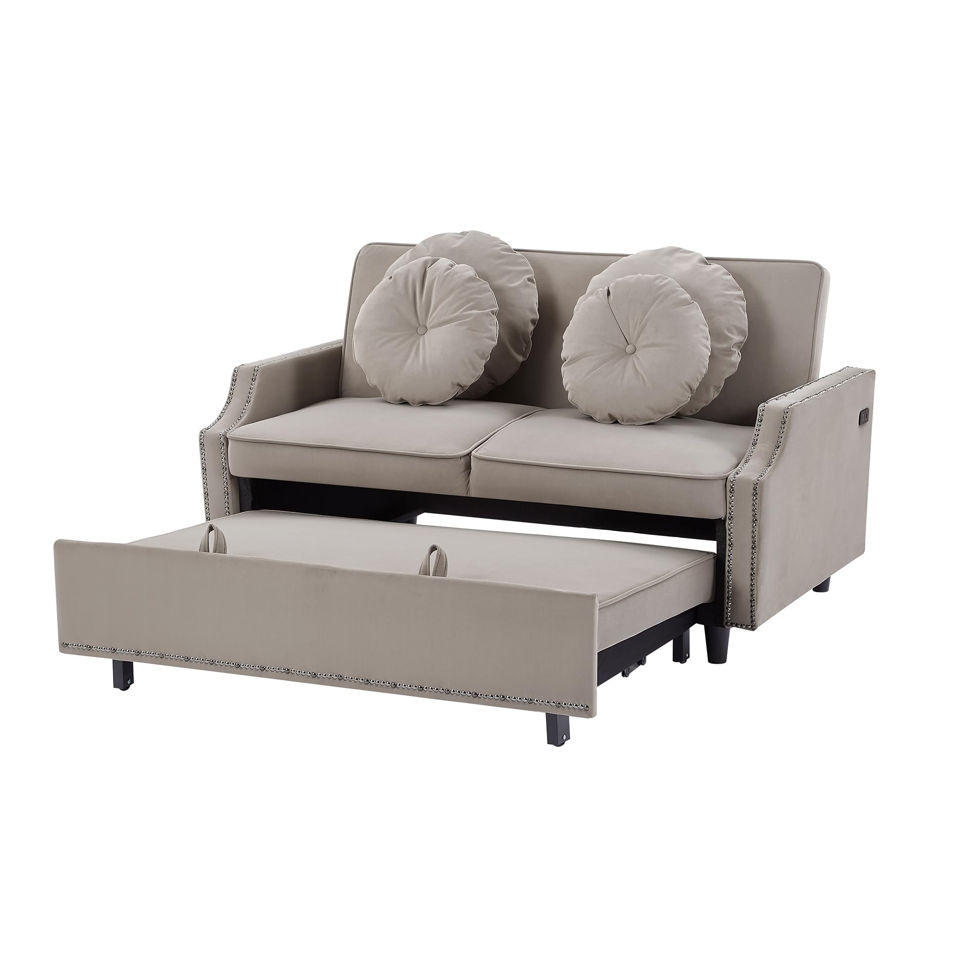 Merax 54.7" Loveseat Sofa Couch with Pull Out Bed, 3 in 1 Convertible Bella Fabric Sleeper Sofa Bed with Two USB Ports, and 2 Floral Lumbar Pillows for Apartment, Office, Living Room (Coffee)