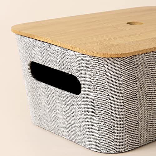 LA JOLIE MUSE Modern Basket with Bamboo Lids, Mid-Century Stackable Storage Basket Bins for Shelves Office Home Organizing, Decorative Tweed Fabric Organizer Container Set of 2, Light Grey
