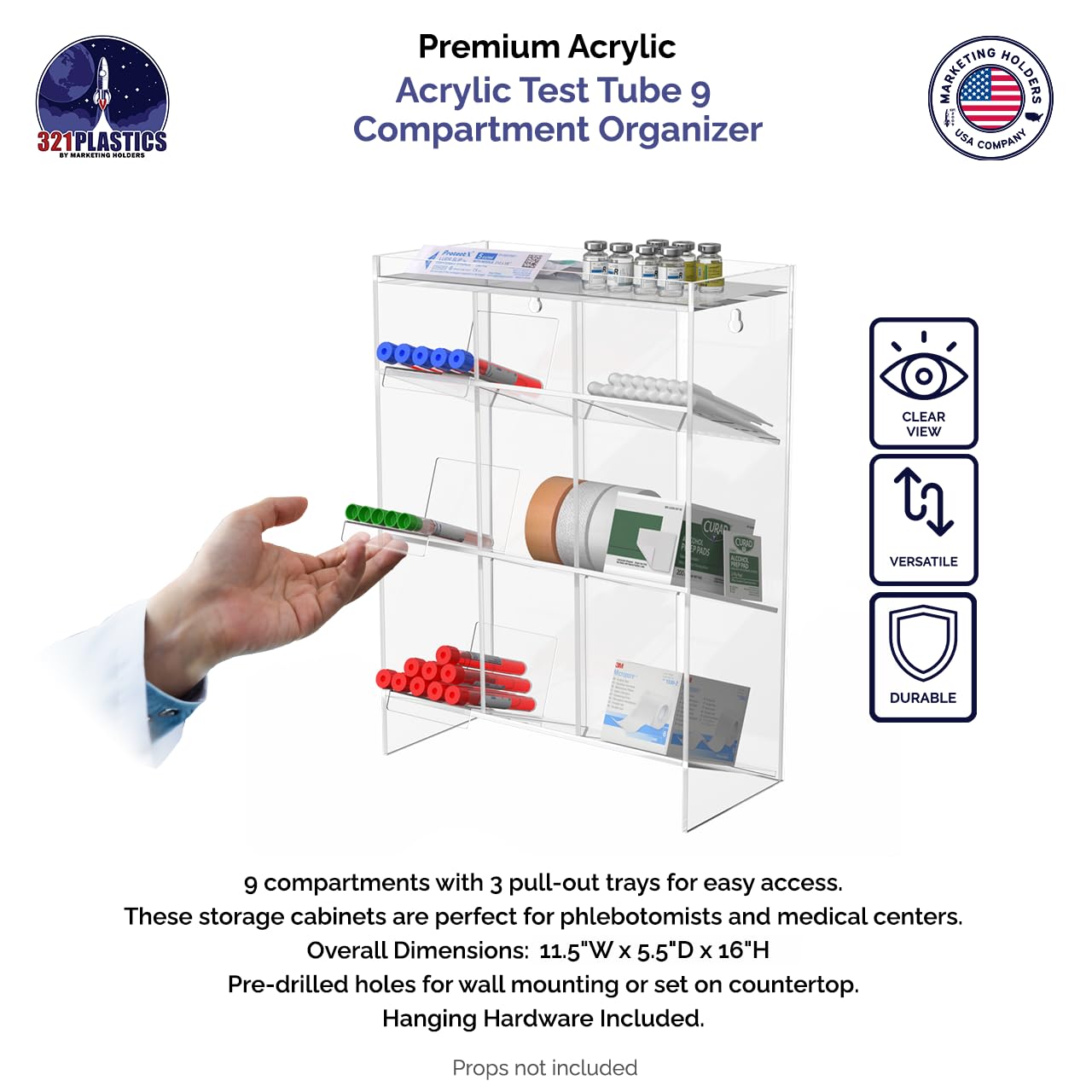 Tube Rack Clear Acrylic 9 Compartment 11.5" x 5.5" x 16" Wall Mount with Hanging Hardware or Countertop Phlebotomists Scientists Nurses Physicians Emergency Technicians by Marketing Holders