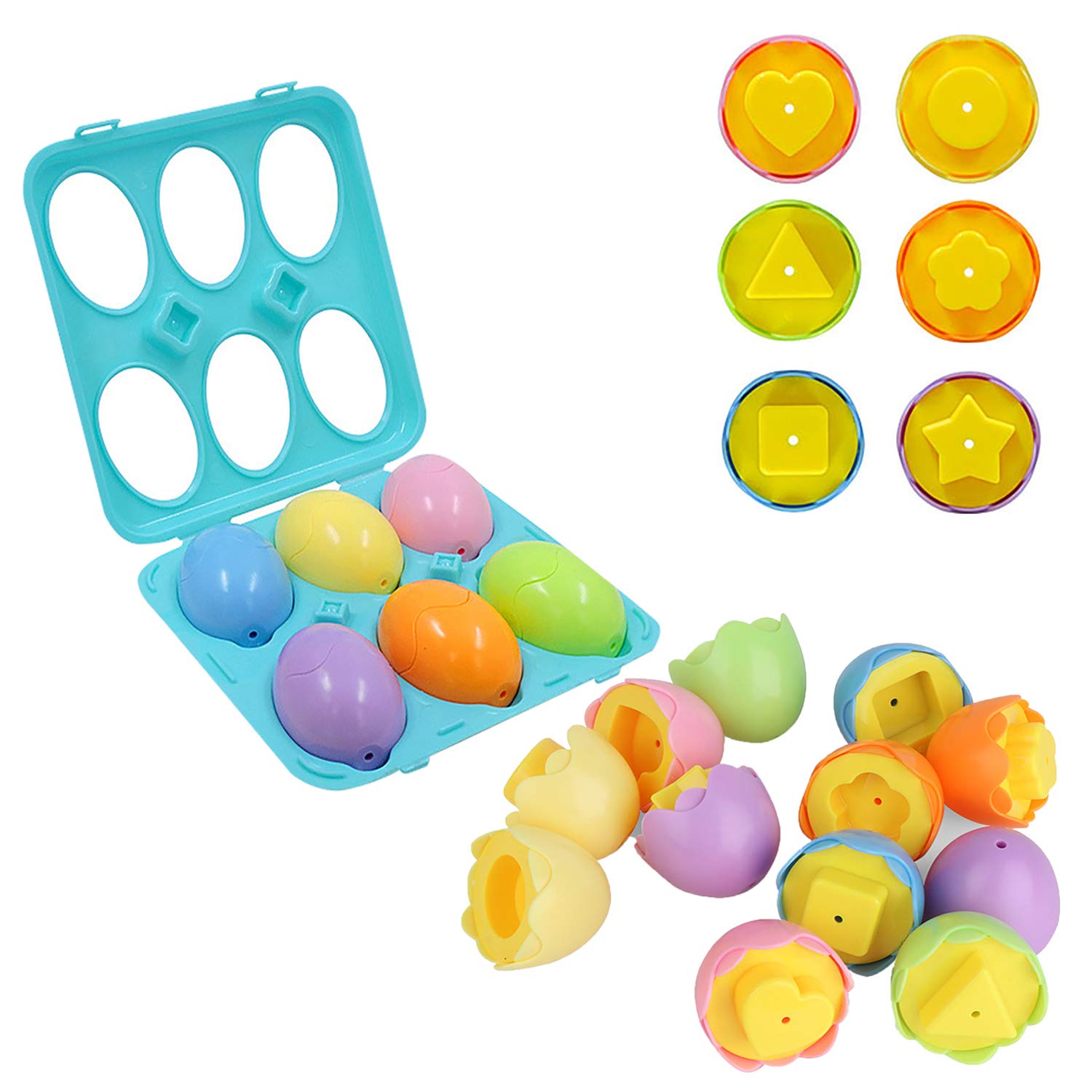 Color Shape Matching Eggs, Educational Easter Eggs Set Toy with Blue Egg Holder, Early Learning Shapes & Sorting Recognition Puzzle Skills Study for Toddlers Kids Easter Basket Stuffers Gifts (6 Eggs)