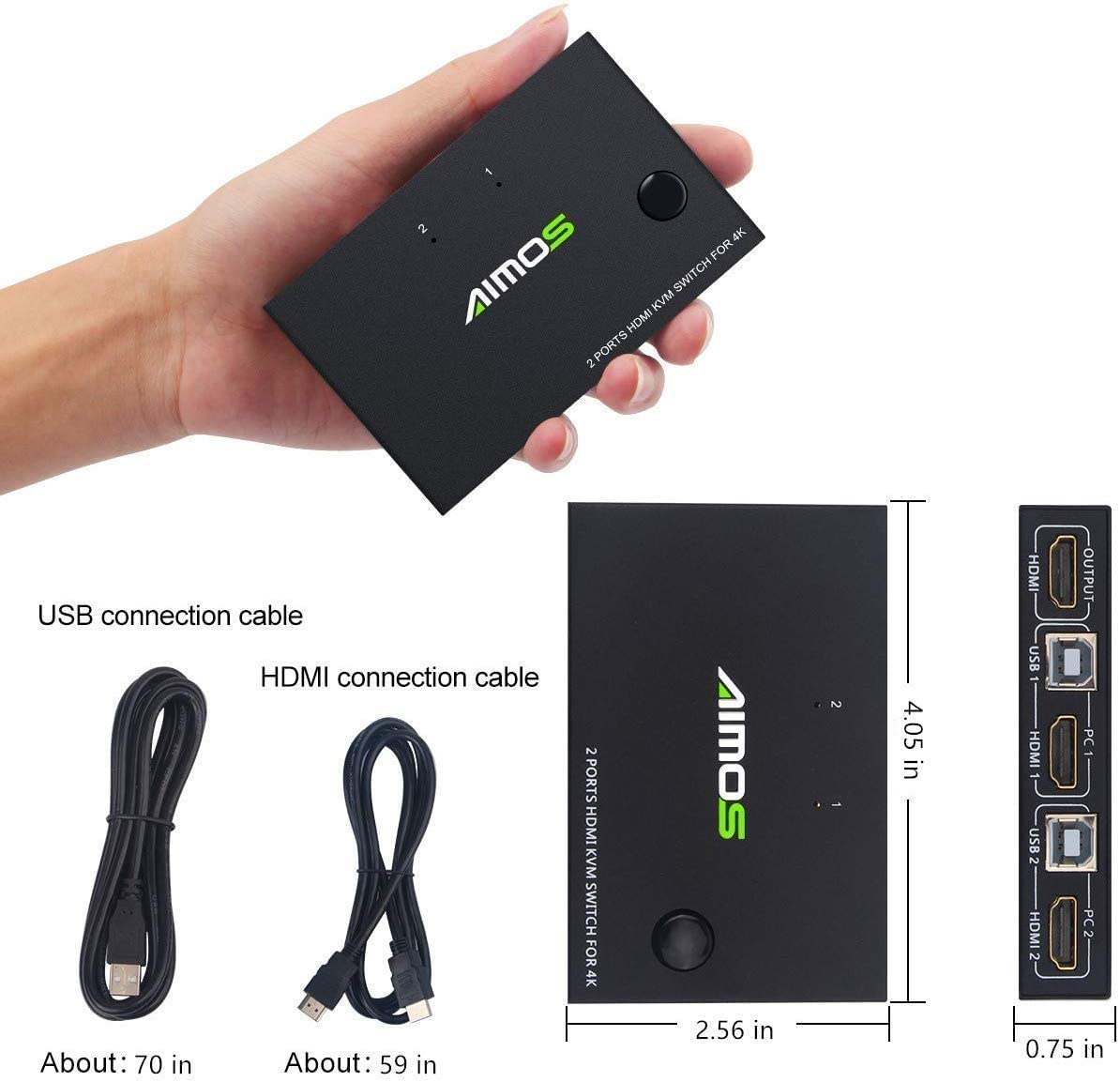 AIMOS KVM Switch 2 Ports, HDMI USB KVM Switcher Support Keyboard Hotkey Switch Way, for 2PC Share One Keyboard Mouse and Monitor, HUD 4K (3840x2160) Supported