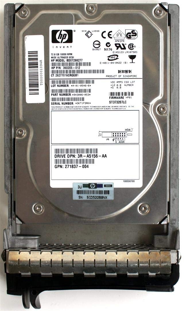 HP 72.8GB 10K U320 SCSI HDD, BD07288277, 360205-012, 9X3006-053, FW: HPB1, ST373207LC, GPN: 271837-004