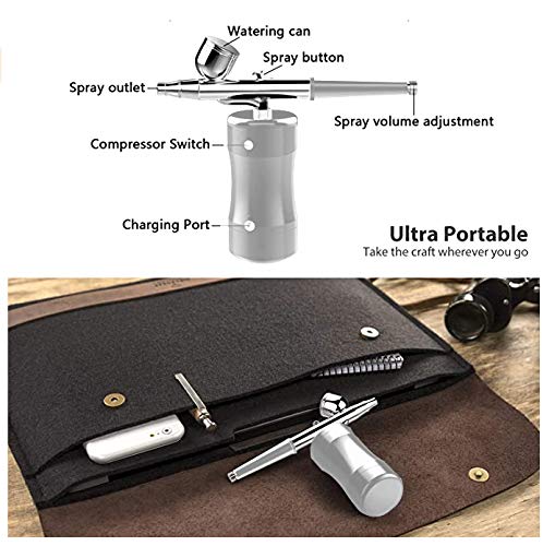 COSSCCI Handheld Airbrush Kit, Mini Air Compressor Spray Gun Set Single Action USB Rechargeable Airbrush for Makeup Art Nail Painting Tattoo Manicure Cakes (Silver)