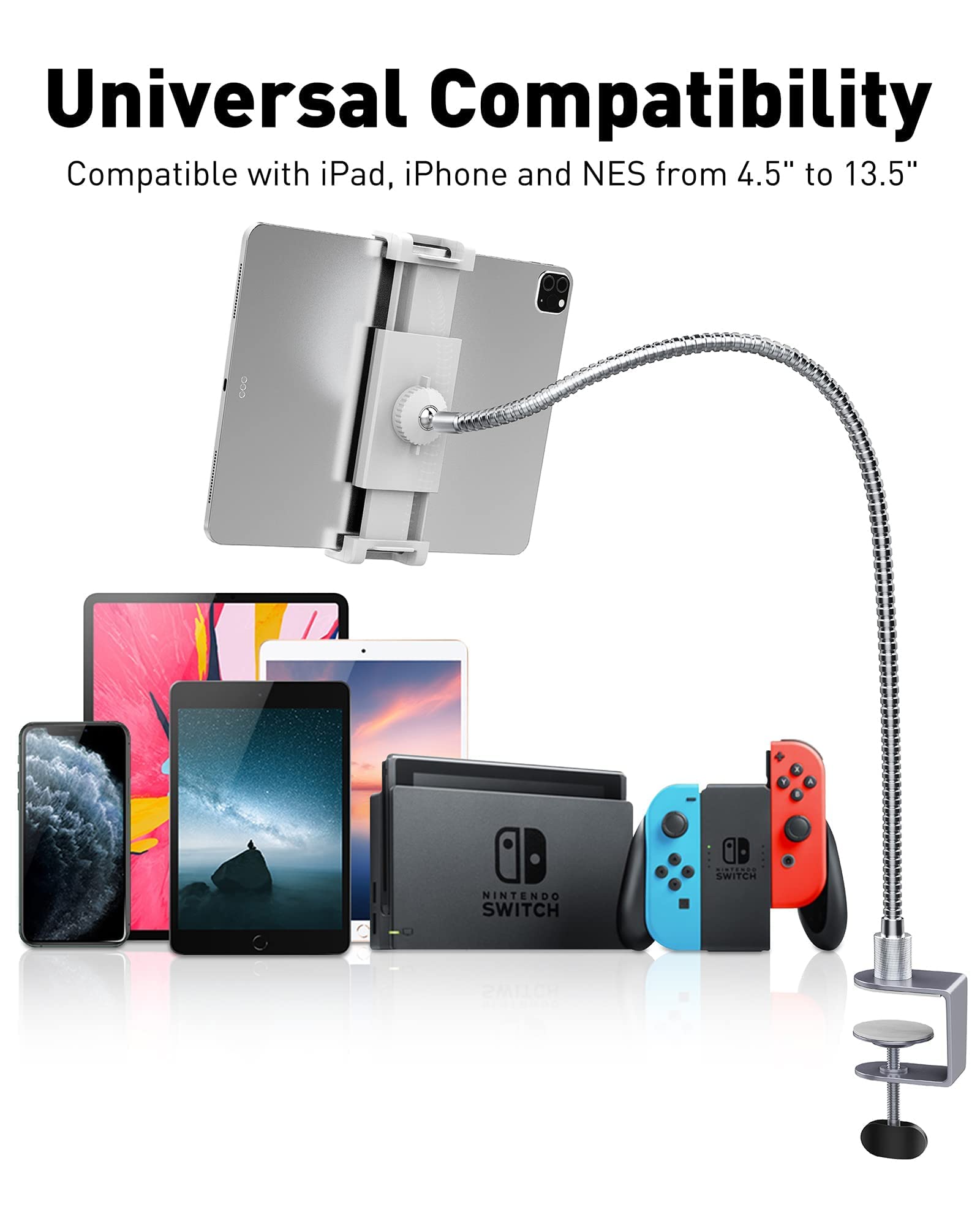 AboveTEK Gooseneck Tablet Holder, Flexible Long Arm iPad Desk Mount Aluminum iPad Stand Phone Holder for Bed Office Kitchen, Fits for 4.5"-13.5" iPad Android Tablet & iPhone 6-13Pro