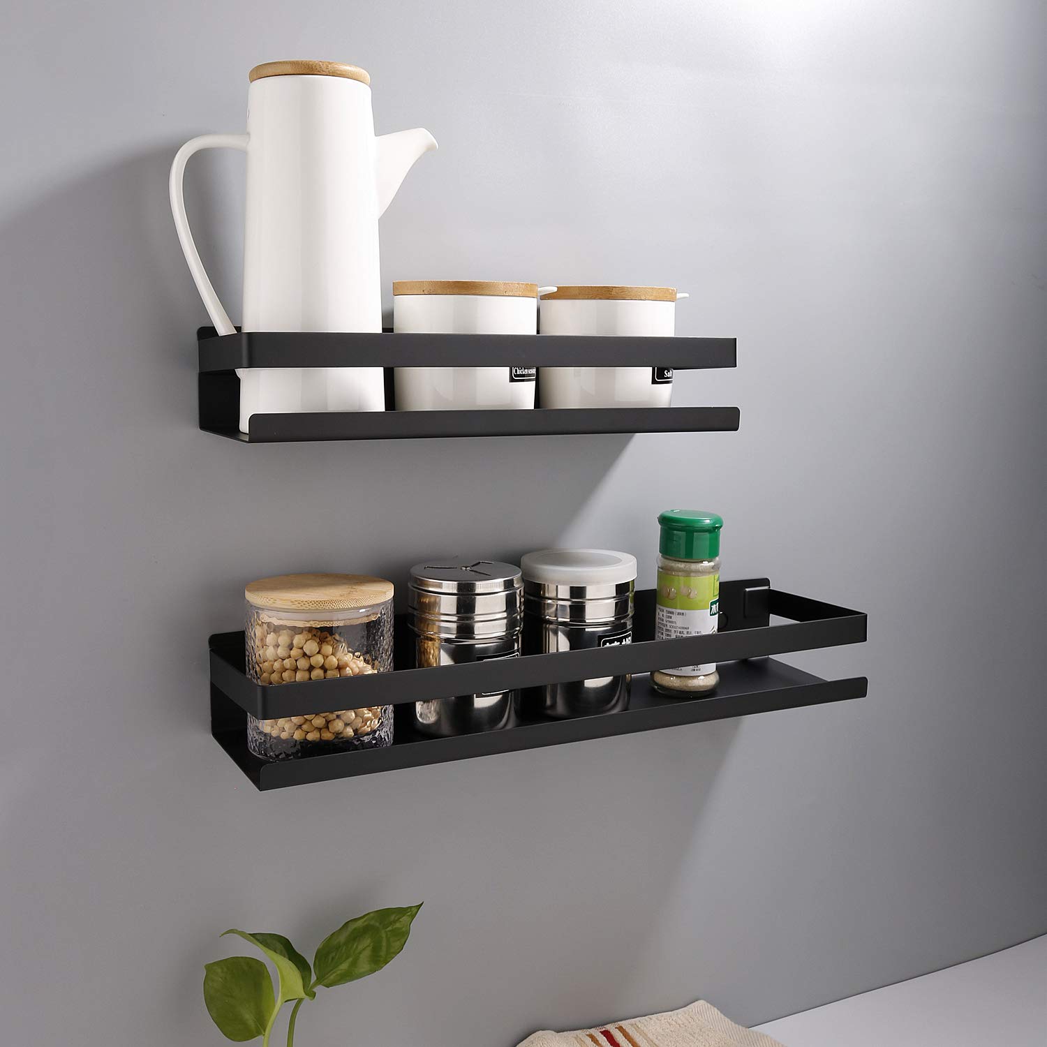 Taspooke 20cm Hole-free spice rack, kitchen wall-mounted seasoning rack,304 stainless steel practical storage rack, toilet cosmetic storage rack, toiletry storage rack (40cm+ black)