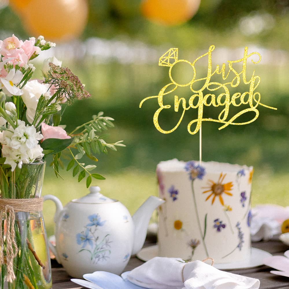 Sodasos Just Engaged Cake Topper for Engagement Party Decorations, Engaged Ring Sign,We're Engaged Cake Toppers (gold)