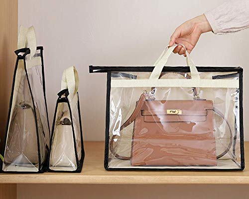 Chris.W Set of 3 Dustproof Handbags Storage Bag Closet Space Saving Organizer PVC Transparent Purse Cover Holder with Zipper and Handle, Large/Medium/Small (Beige)