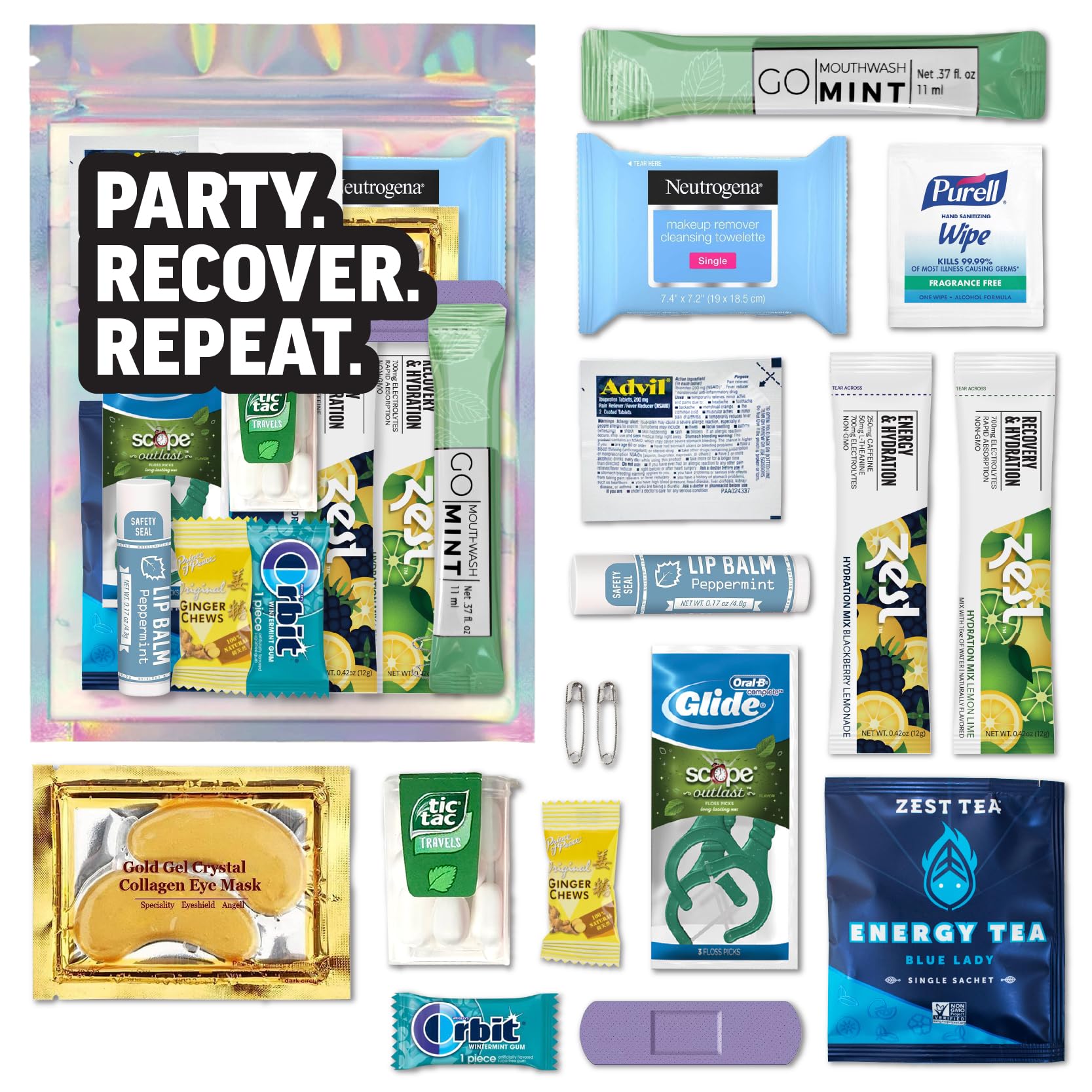 Hangover Kit - 10 Piece Pre-Filled Gift Bag - Essential Supplies Set - Wedding, Birthday, or Bachelor/Bachelorette - Zest Hydration Packets, Chew, & More