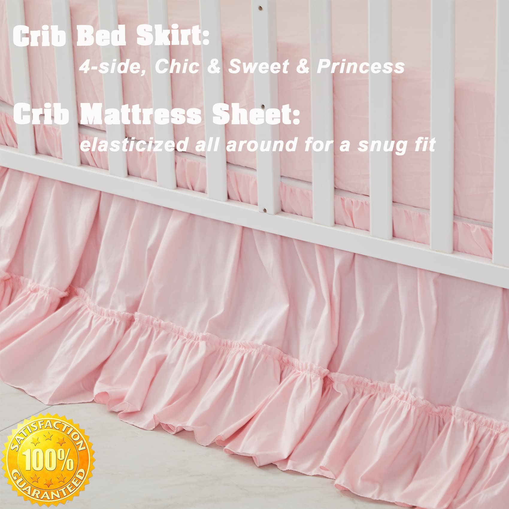 Brandream Crib Bedding Set for Girls Nursery Bedding with Elephant Embroidered Cotton Chic Pink Baby Girl Bedding Crib Set, 6 Pieces