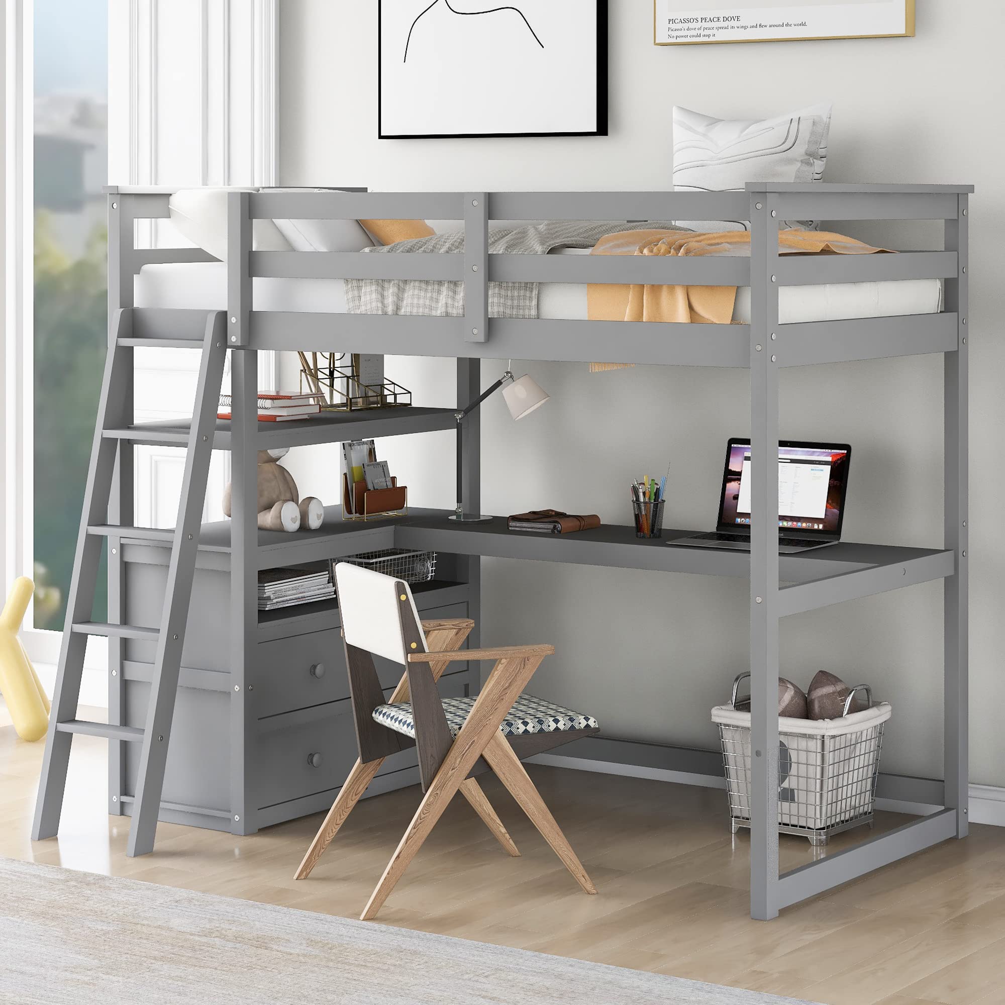 BIADNBZ Twin Size Loft Bed with Convertible Lower Square Seat,Solid Wood Bunkbed with L-Shape Desk,Shelves,Guardrails and Ladder,Furniture for Kids Teens Boys Girls Adults，Space-Saving Design，White