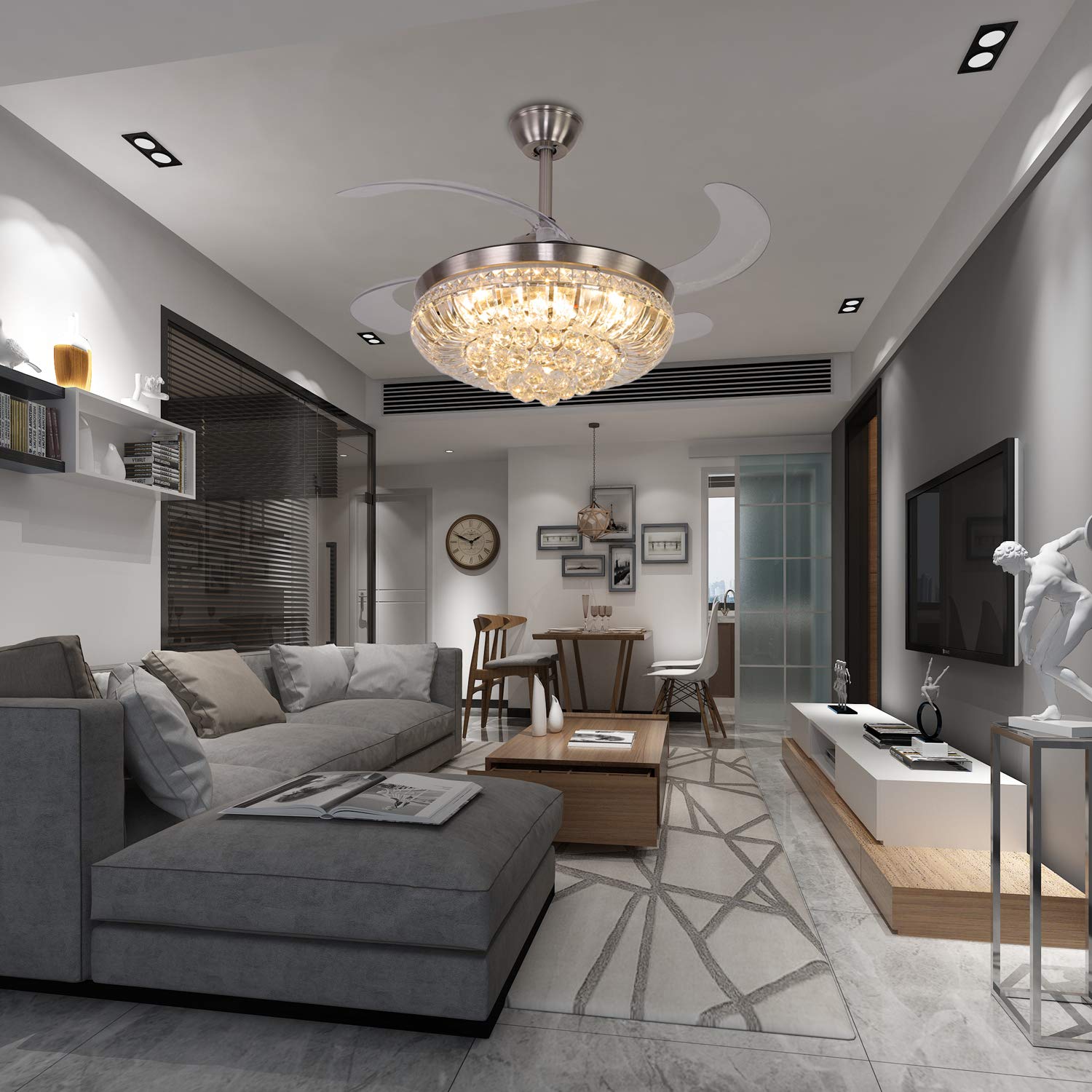 Ainfox 42" Crystal Ceiling Fan with Light, 4-Blades Chandelier Ceiling Fan with Remote Control, 3 Speeds Invisible Retractable Modern LED Fan for Living Room, 3 Light Change Timing Function