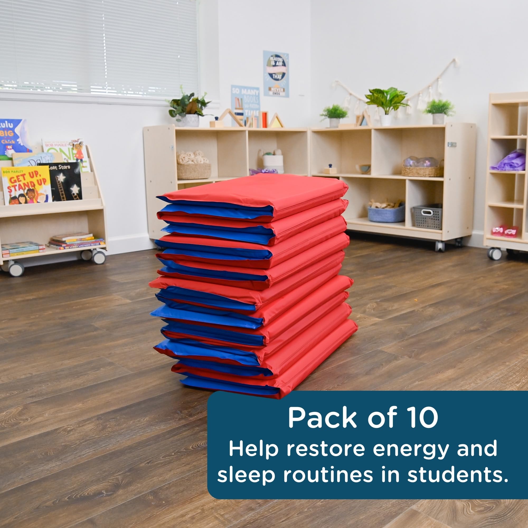 Children’s Factory 1 Inch Thick Rest Mats for Preschool, 4-Section Nap Mats for Daycare, Nursery, Classroom, Red-Blue, 10 Pack