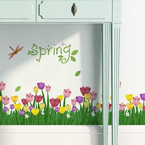Spring Tulip Wall Decals Flower Grass Wall Stickers Removable DIY Peel and Stick Art Murals for Classroom Bedroom Girls Room Living Room Hallway Kitchen Bathroom Home Decor (Tulip)