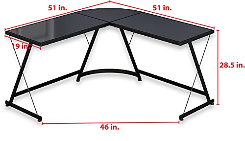 SHW Gaming Desk Computer L-Shape Corner Studio Table, Black, Glass Top