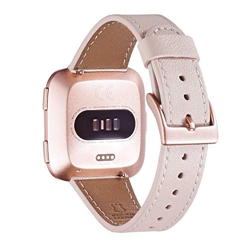 WFEAGL for Fitbit Versa Bands, Top Grain Leather Band Replacement Strap for Fitbit Versa/Versa 2 /Versa Lite/Versa SE Fitness Smart Watch (PinkSand Band+ Rosegold Buckle)