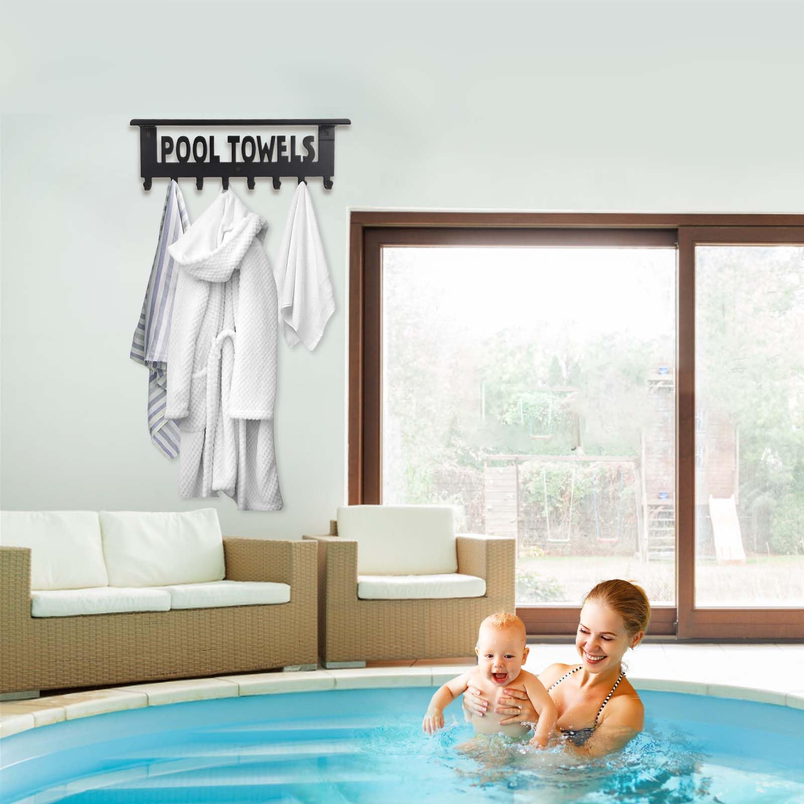 Kuhome Pool Towel Racks with Shelf Outdoor Pool Decor Wall Mount Towel Hooks Towel Holder with 8 Hooks Black Towel Storage Hanger Organizer for Bathroom Pool Accessories