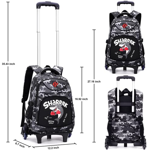 Wheeled Backpack School Kids Backpack with Wheels Boys Wheeled Backpacks 6 Wheels Camouflage Trolley Book Bags Shark Printed Wheeled Schoolbag for Boys Primary School Book Bags with Wheels Gray Bag