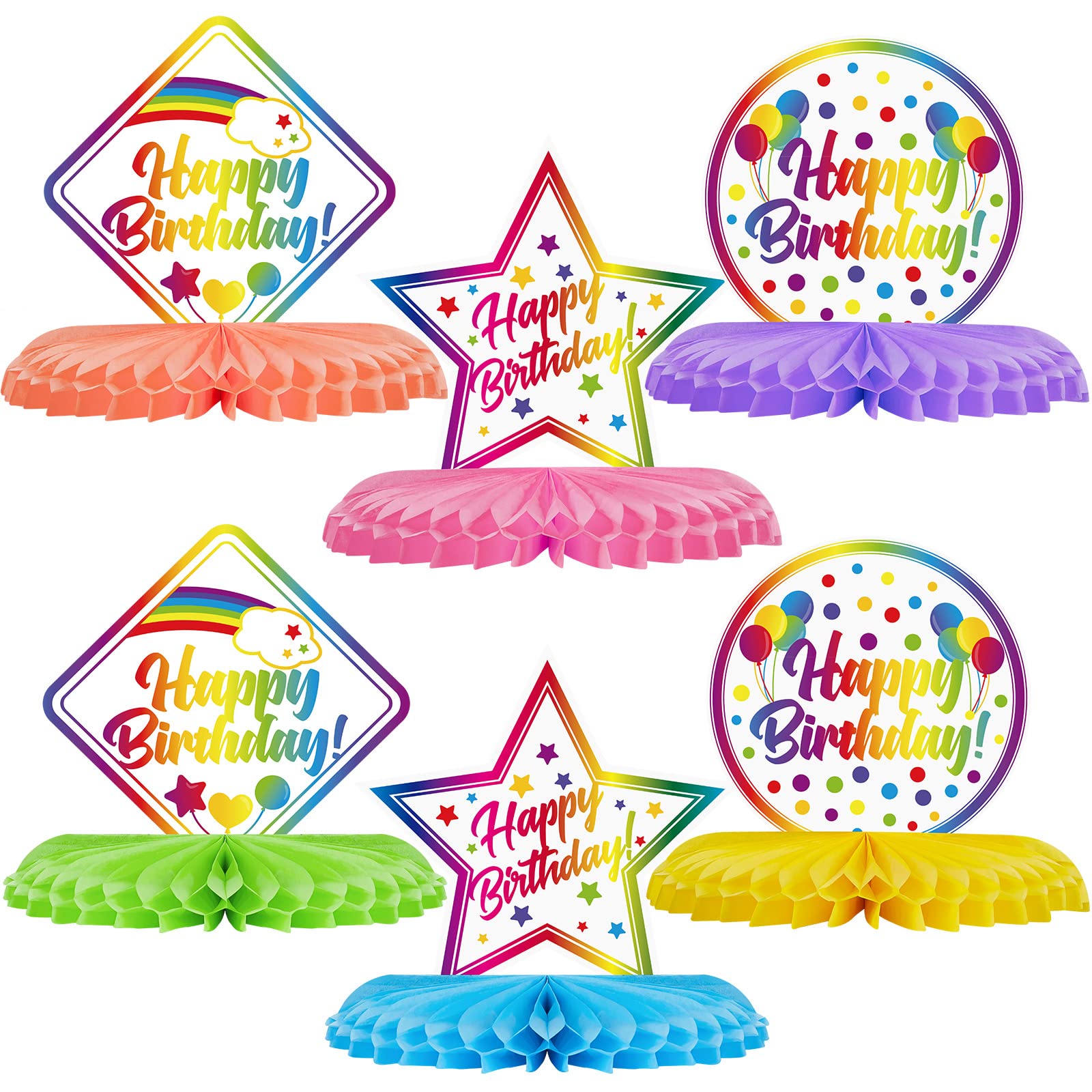 Blulu 6 Pieces Happy Birthday Table Decorations Colorful Paper Honeycomb Birthday Centerpieces Rainbow Birthday Table Sign Birthday Table Supplies for Birthday Baby Shower Party Supplies