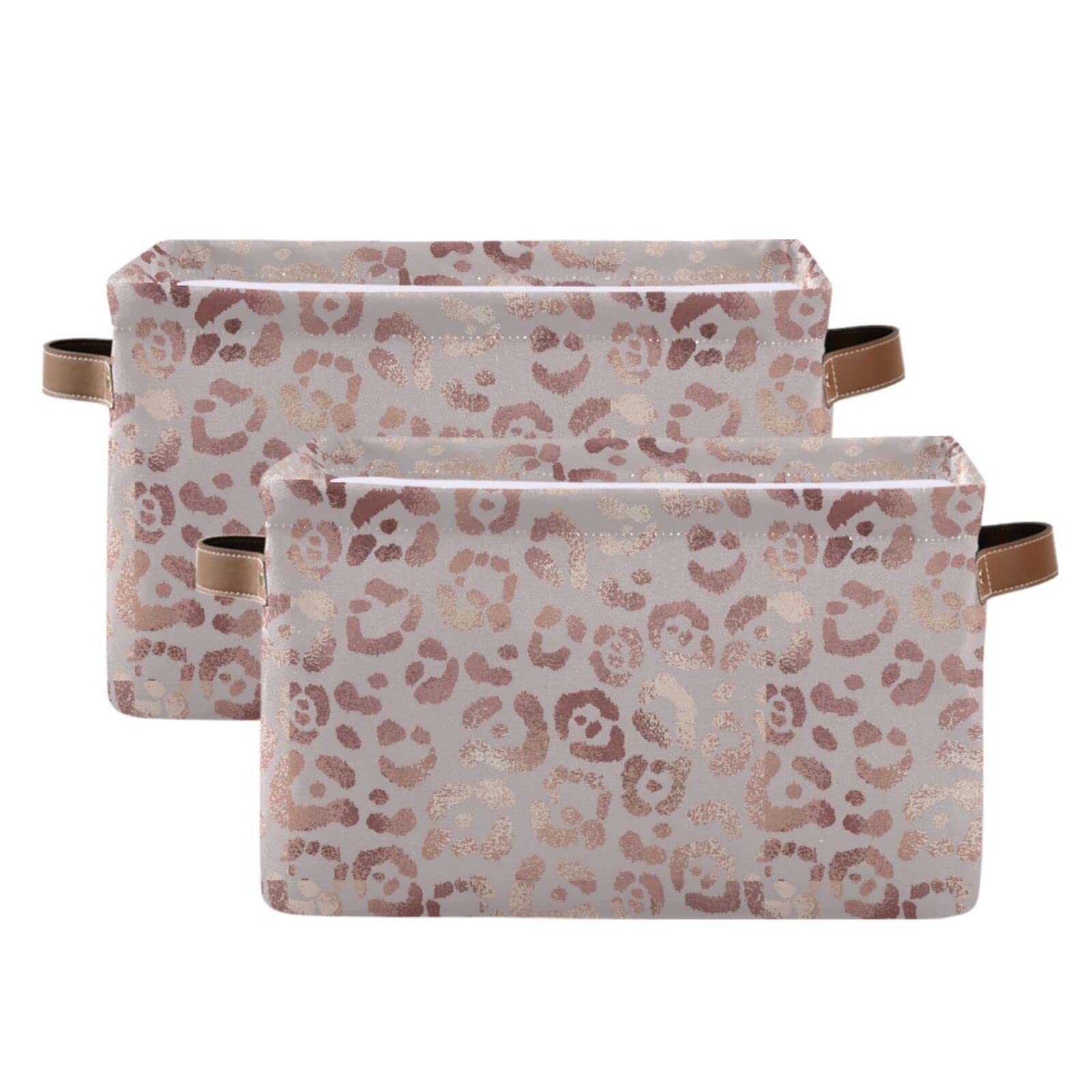 ALAZA Leopard Print Cheetah Rose Gold Large Storage Basket with Handles Foldable Decorative 1 Pack Storage Bin Box for Organizing Living Room Shelves Office Closet Clothes
