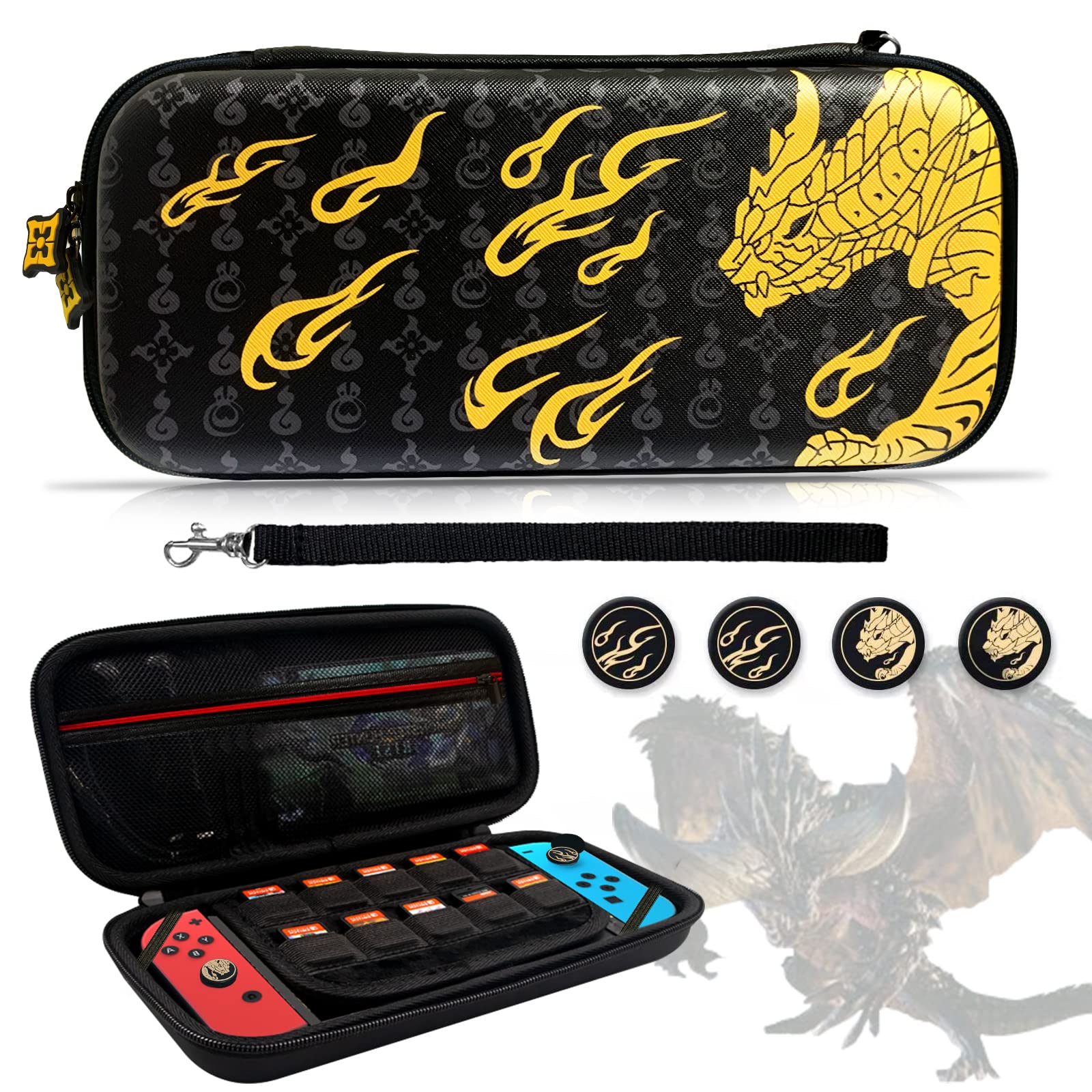 Frusde for Switch Carry Case Monster Hunter Rise, Portable Carrying Case for Switch with 4 MHR Silicone Thumb Grip Caps, Travel Case Cover with 10 Playing Card Slots for Switch Console & Accessories