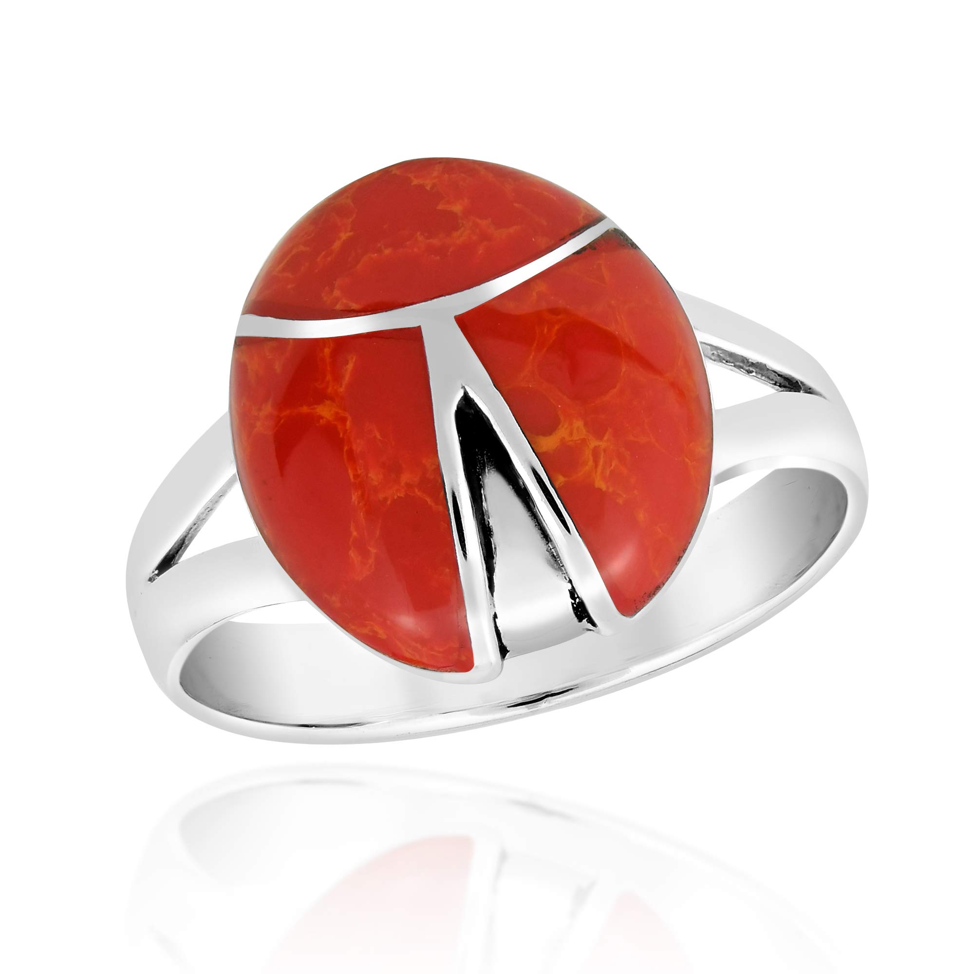 AeraVida Minimalist Ladybug Inspired Reconstructed Red Coral Inlay .925 Sterling Silver Ring red