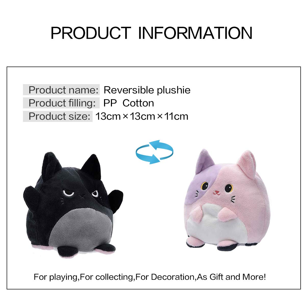 ciaobaby Cat Stuffed Animals, Reversible Plush, 6" Cat Plushie for Girl Boy Adult Kids