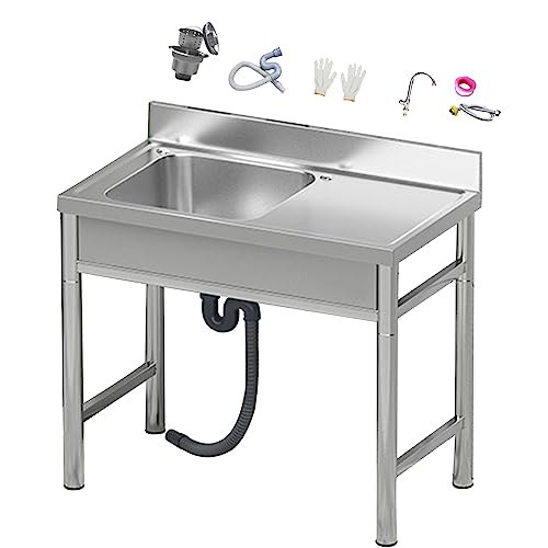 Freestanding Stainless Steel Sink, Commercial Stainless Steel Sink, Small Stainless Steel Sink, Portable Sink, Outdoor Sink Station With Hose For Restaurant, Cafe, Bar, Hotel, Garage