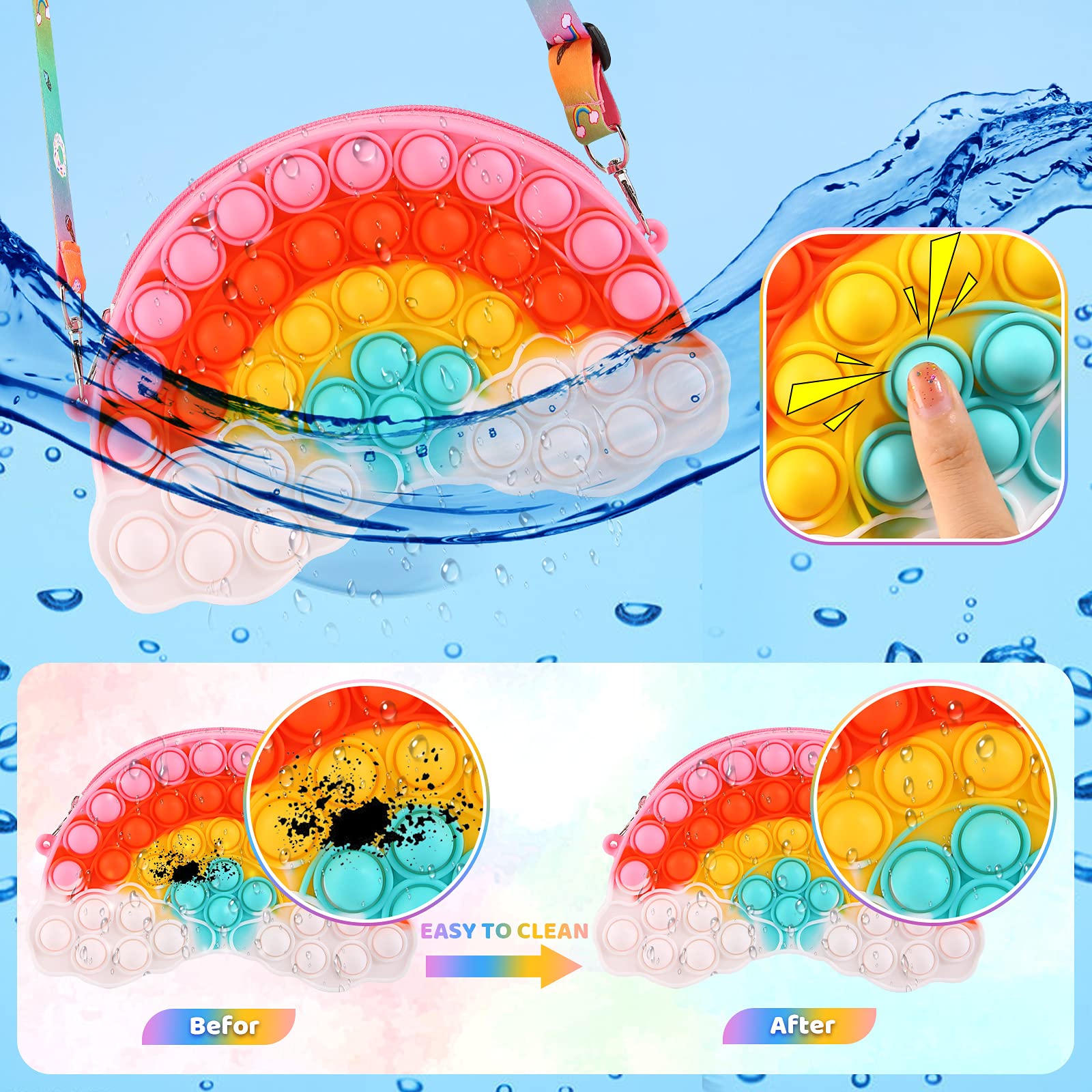 for Girls Xmas Stocking Suffers Birthday Present Toys Valentines Gift Pop Purse Rainbow Cloud Wallet, Stress Release Fidget Toy