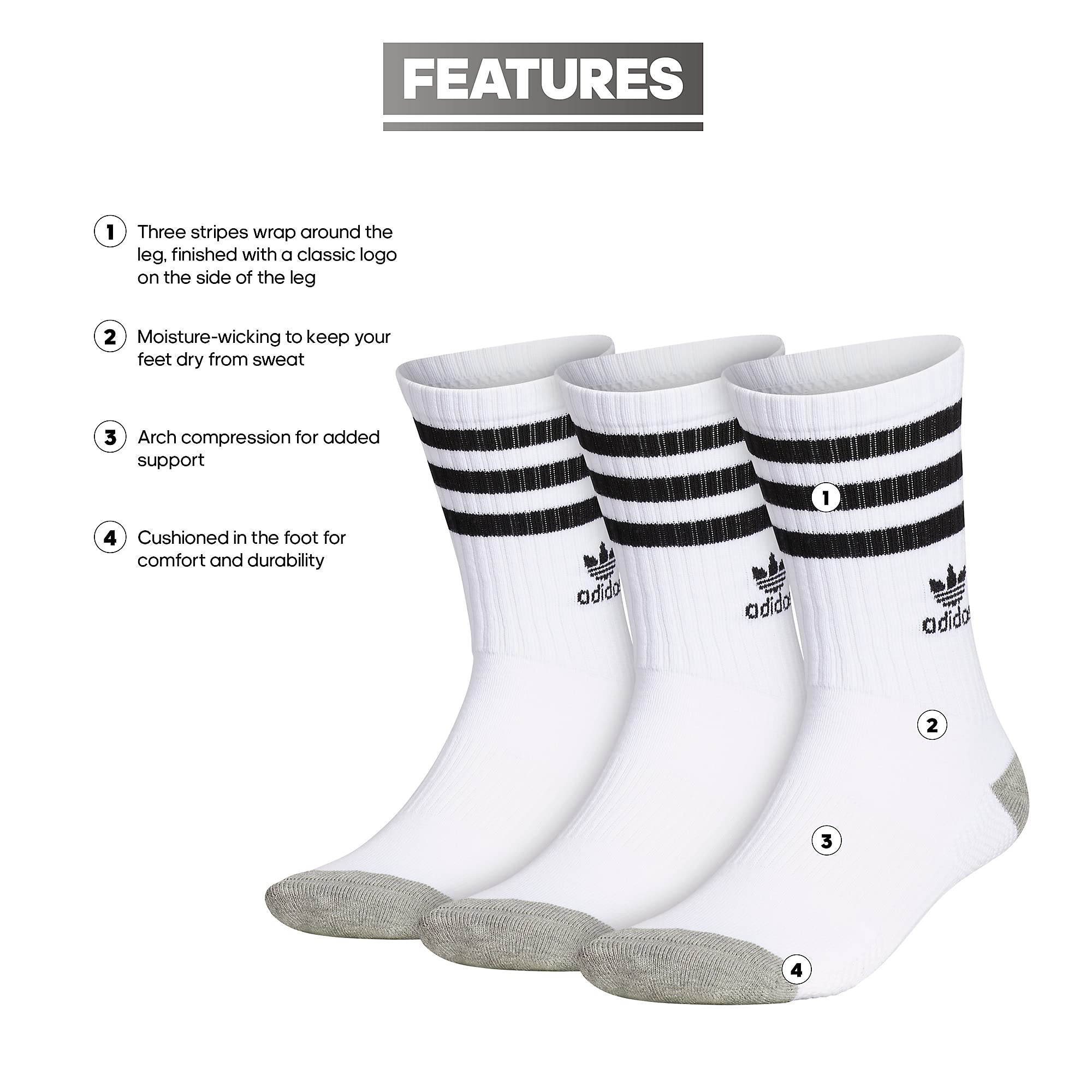 adidas Originals Men's Originals Roller 3-Pack Crew, White/Black/Heather Grey, Large